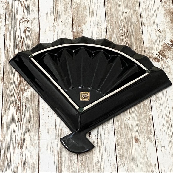 Accents | Vintage Asian Porcelain Black Gold Gilt Fan Dish | Poshmark